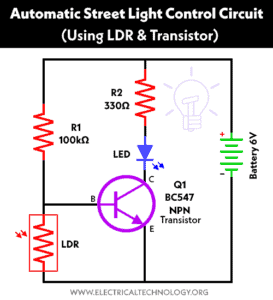 Automatic Street Light Control Circuit using LDR & Transistor