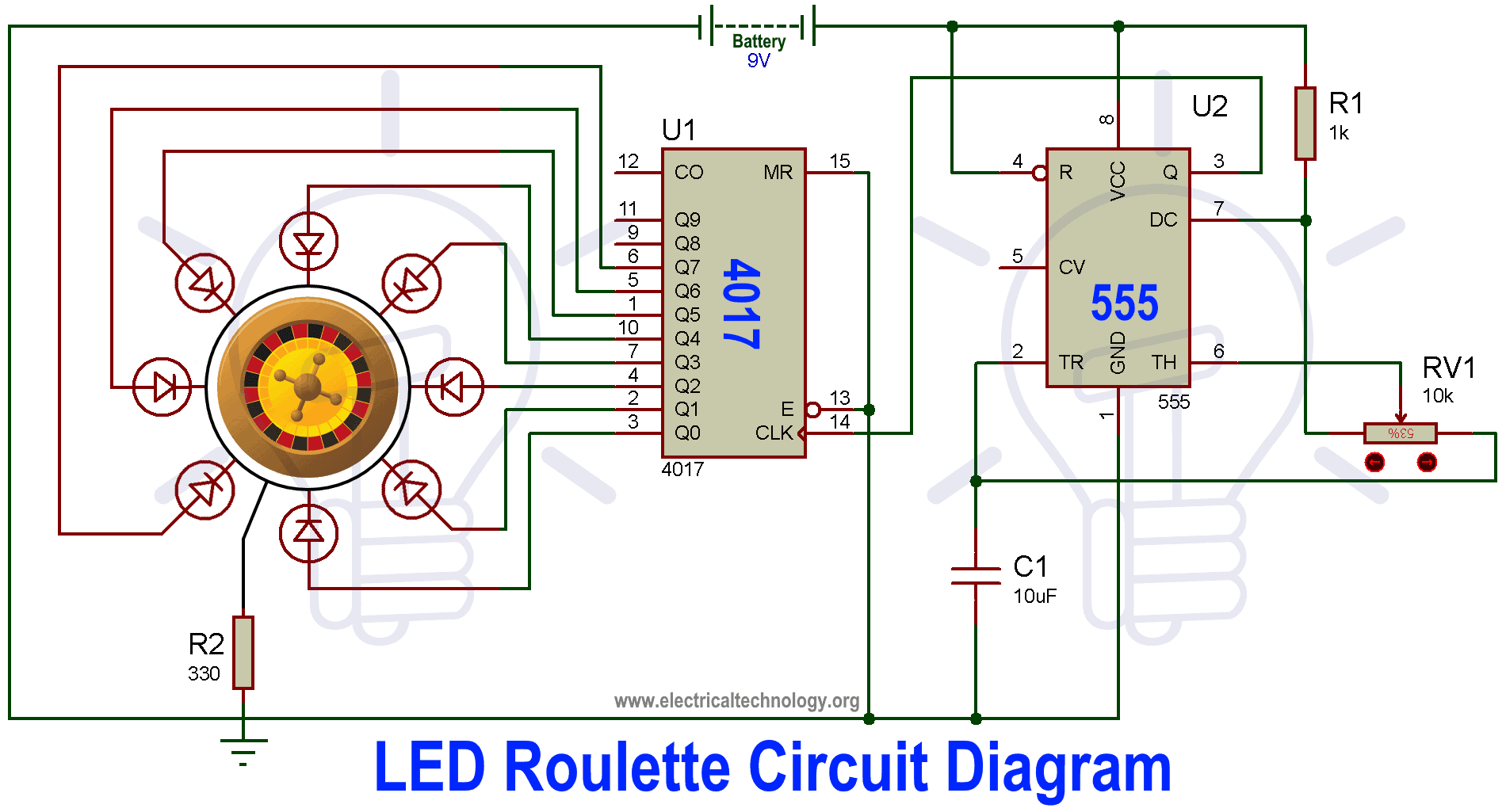 LED Roulette Circuit Diagram Using 555 Timer IC 4017 Counter