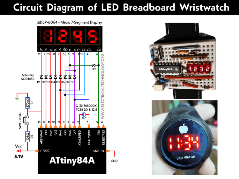 Circuit Diagram of LED Breadboard Wristwatch Using ATtiny84A